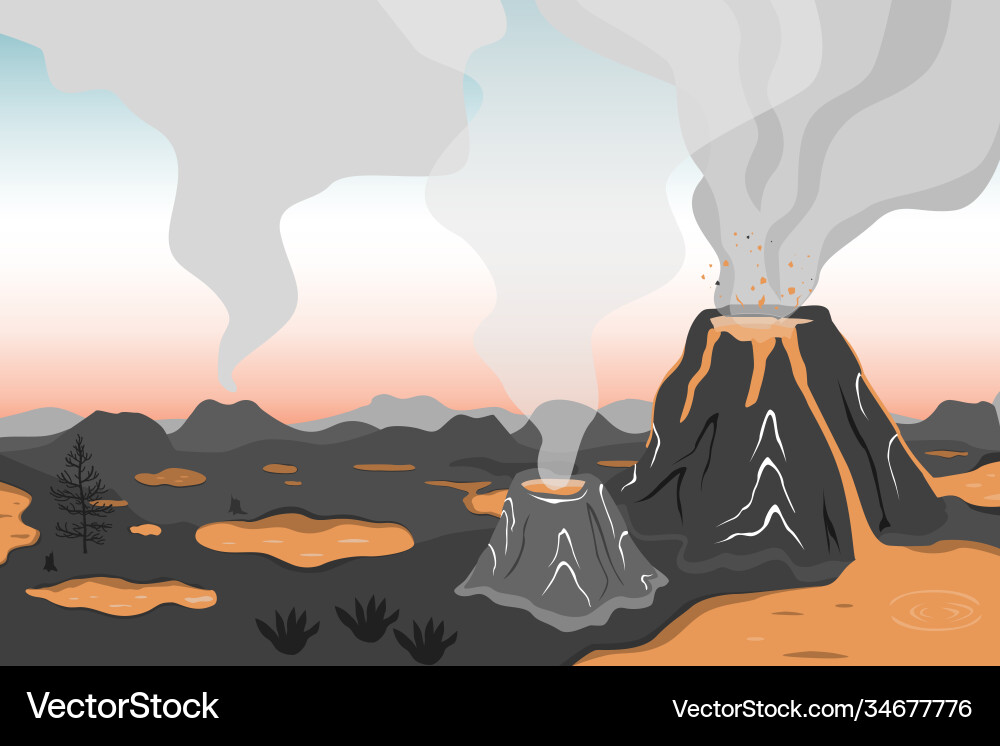 Prehistoric landscape with volcano eruption lava Vector Image