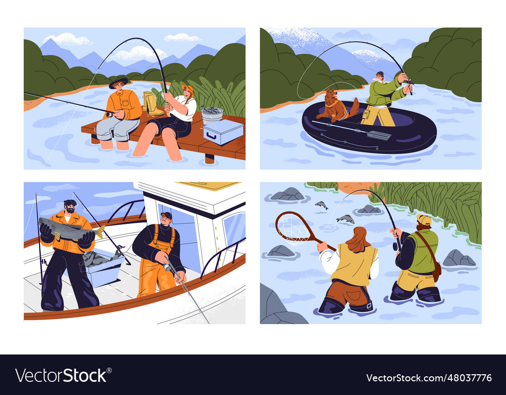 Summer fishing set fishermen catch fish on ship Vector Image