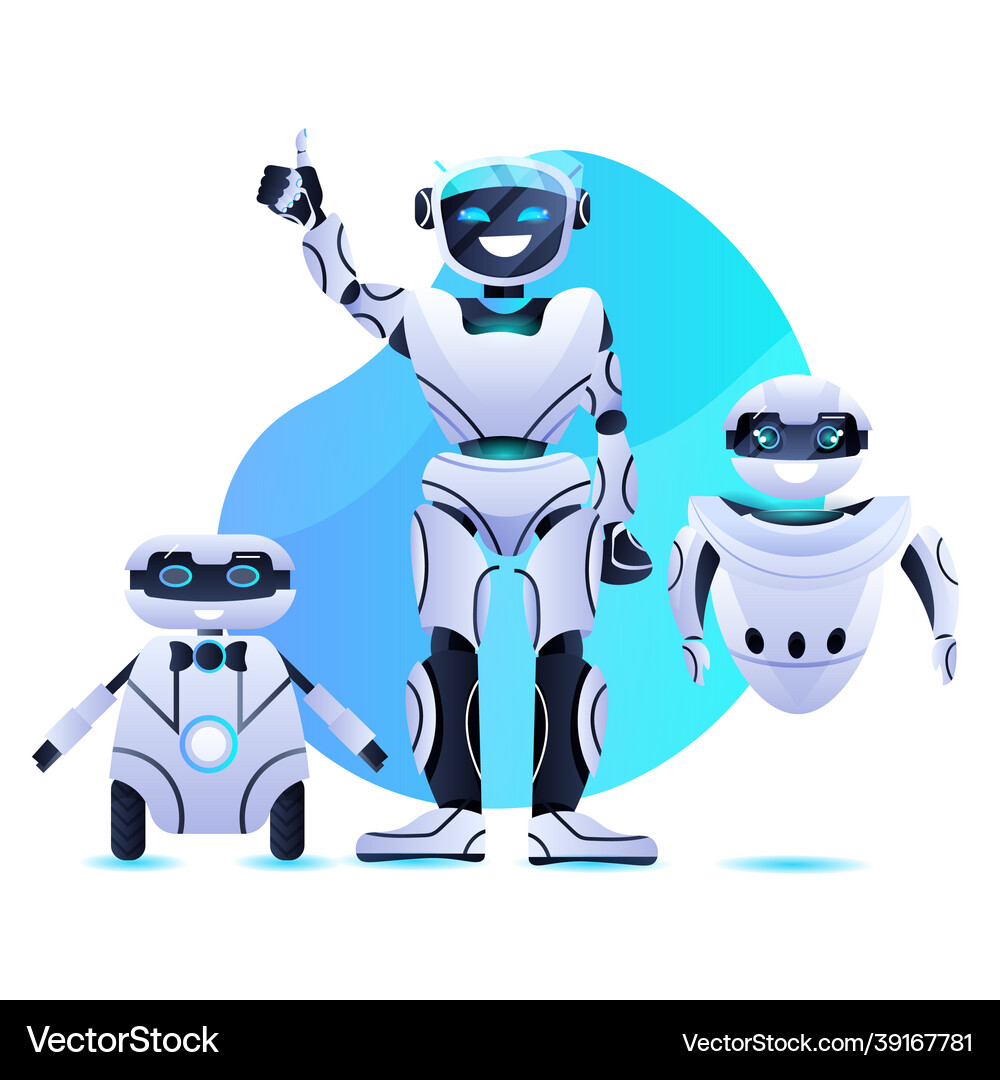 Different robots standing together modern robotic Vector Image