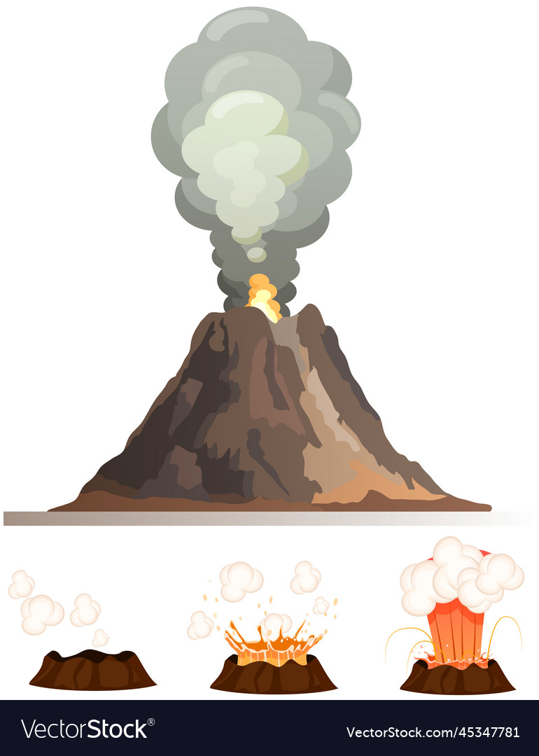 Volcanic eruption stages set steaming volcano Vector Image