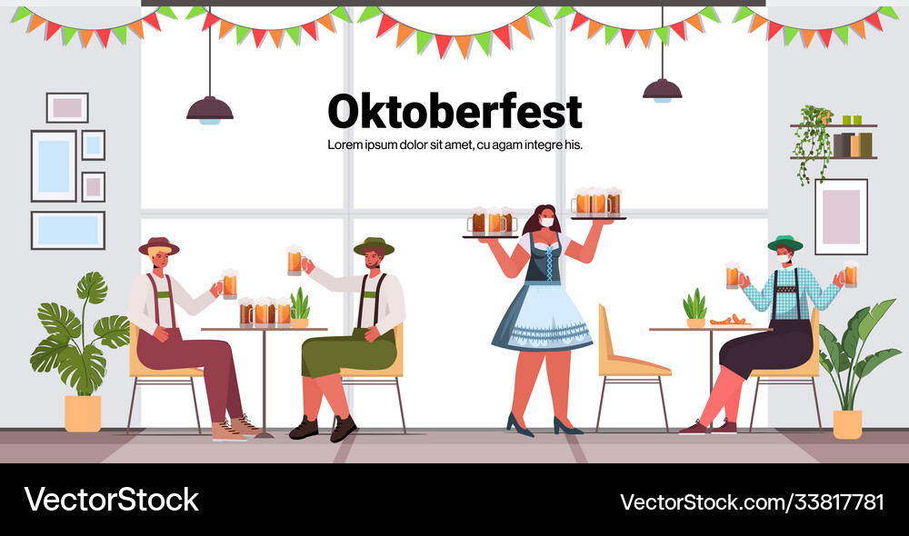Waitress in mask serving beer for men bar Vector Image