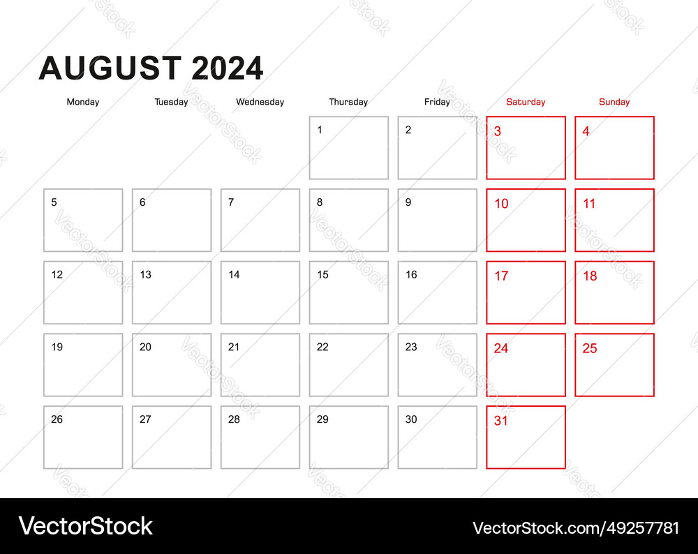 Wall planner for august 2024 in english language Vector Image