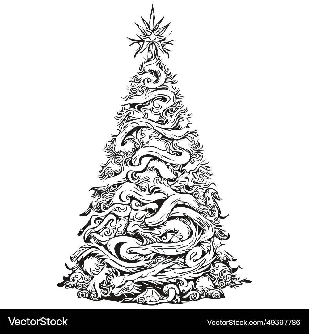 Christmas tree line art vintage engraved sketch Vector Image