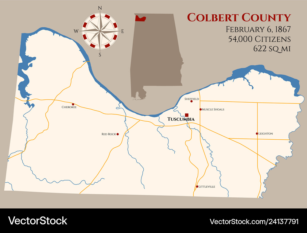 Map of colbert county in alabama Royalty Free Vector Image
