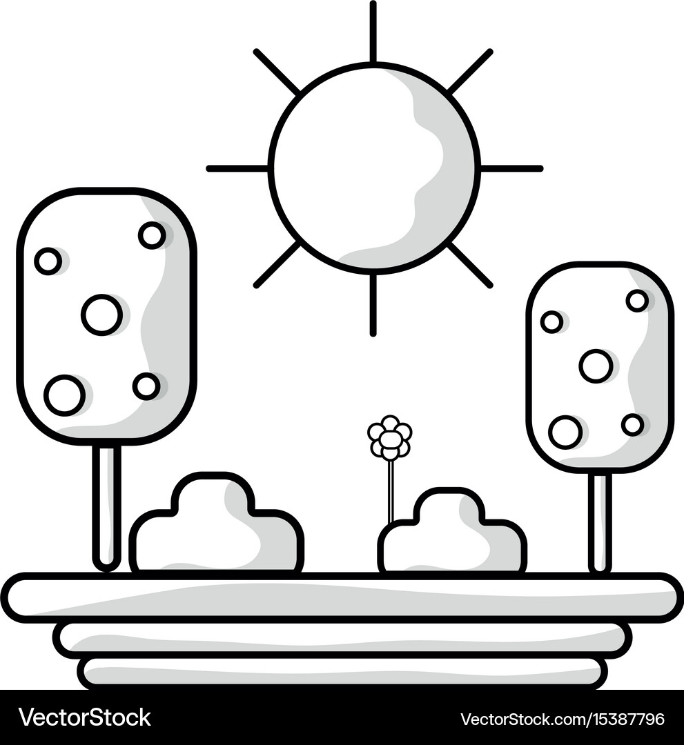 Line trees with sun and flower plant Royalty Free Vector