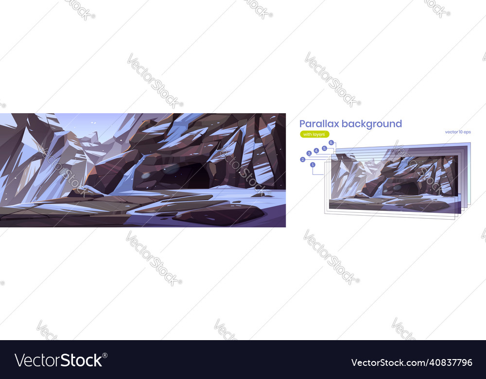 Parallax background with mountains cave and snow Vector Image