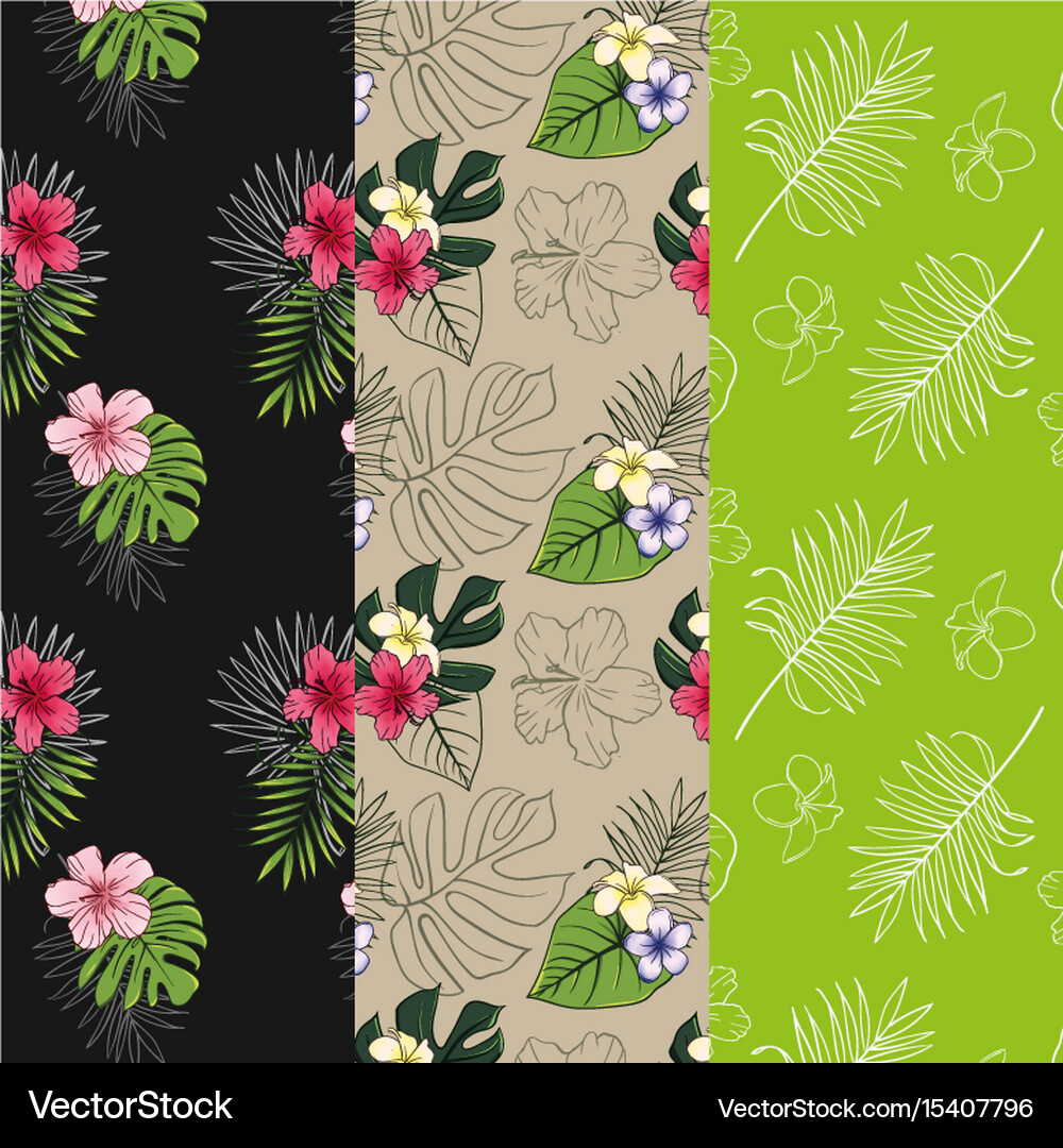 Set of 3 seamless patterns with tropical designs Vector Image