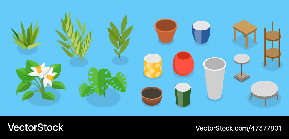 3d isometric flat set of plants in pots Royalty Free Vector