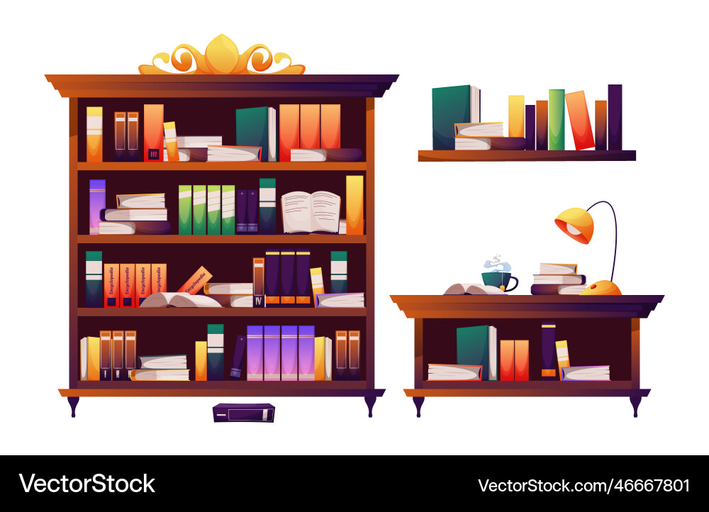 Bookcase book shelf with books and research Vector Image