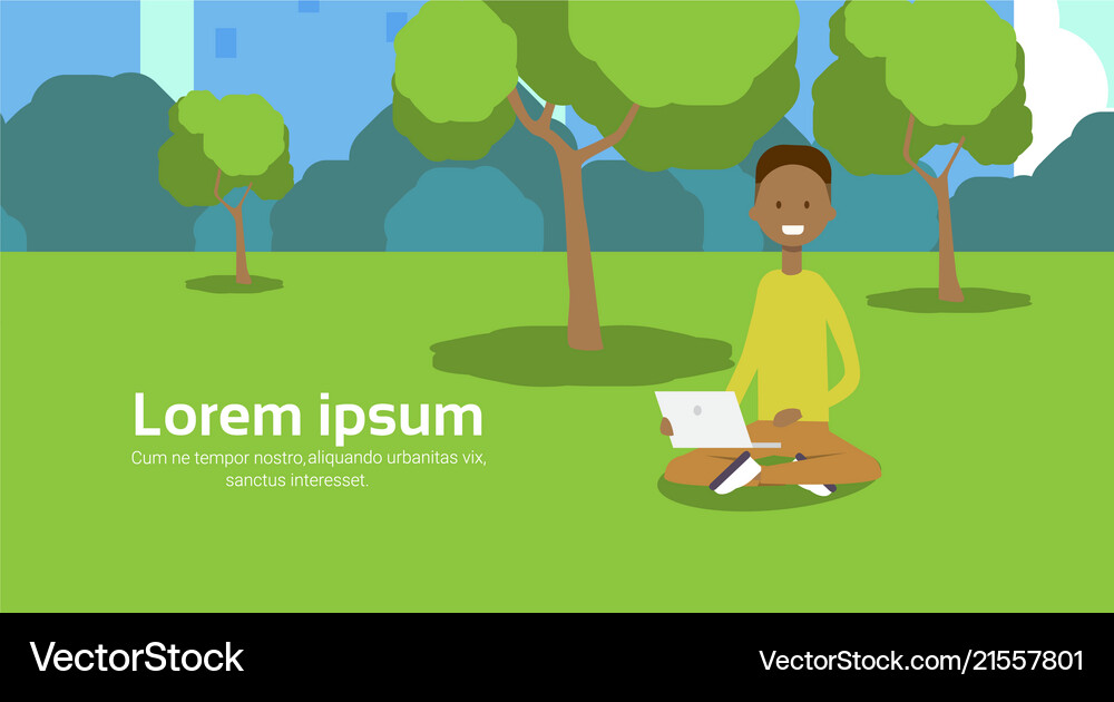 City park african man sitting green grass using Vector Image