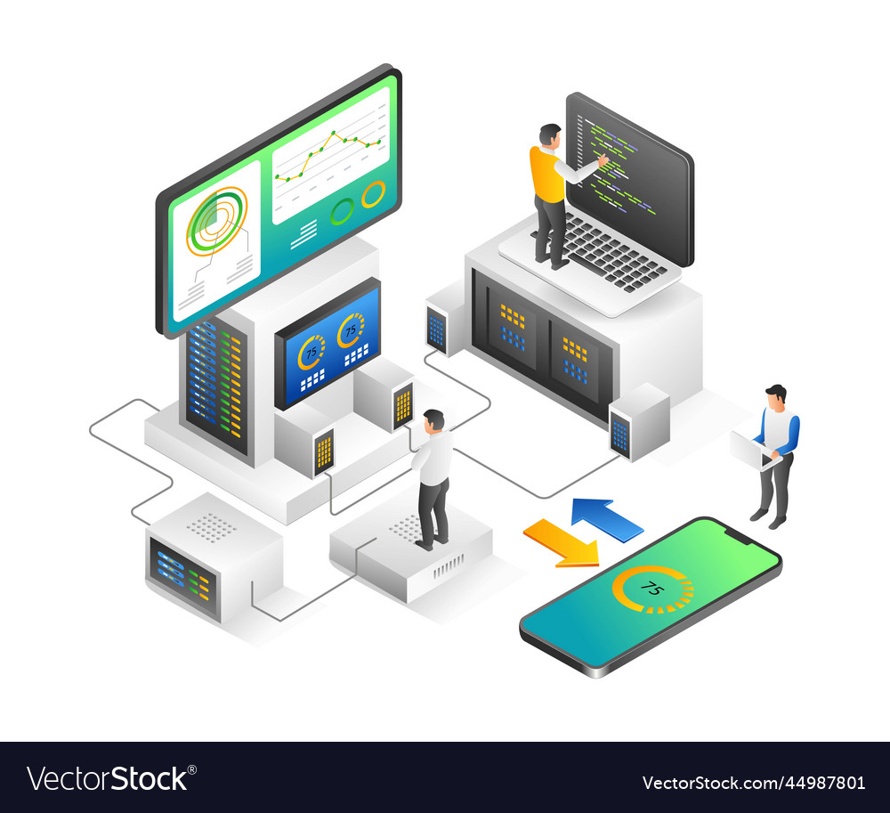 Flat isometric concept of developer team building Vector Image