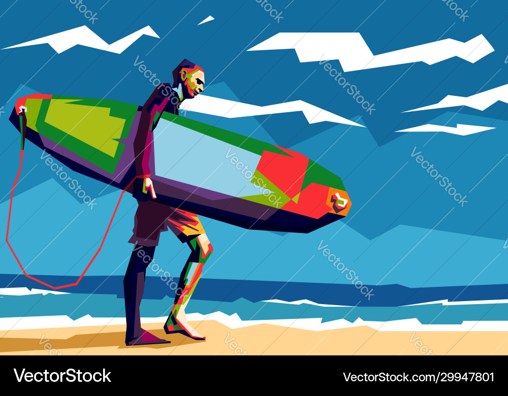 Man surfer carrying his surfboard pop art Vector Image