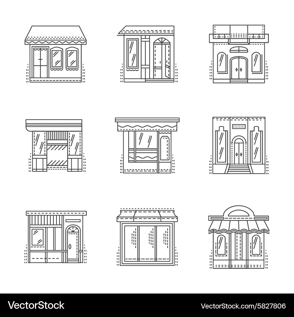 Storefront Line Icons - Shops & Buildings Vector Image