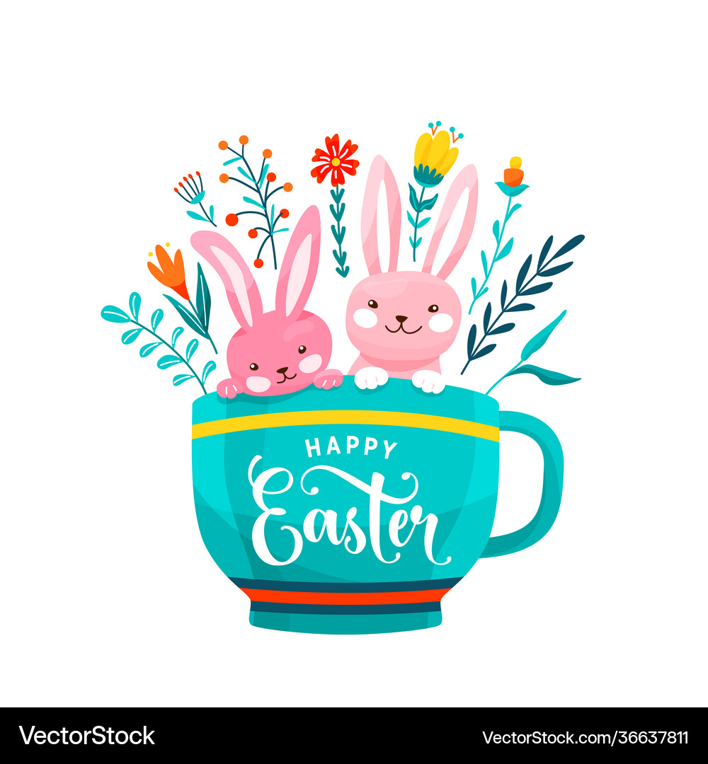 Cute Easter Bunnies in a Cup Royalty Free Vector Image