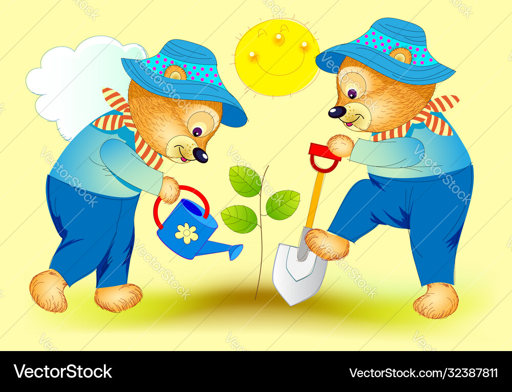 Fantasy two cute little bears planting Royalty Free Vector