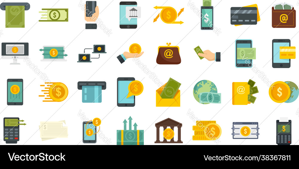 Money transfer icons set flat isolated Royalty Free Vector