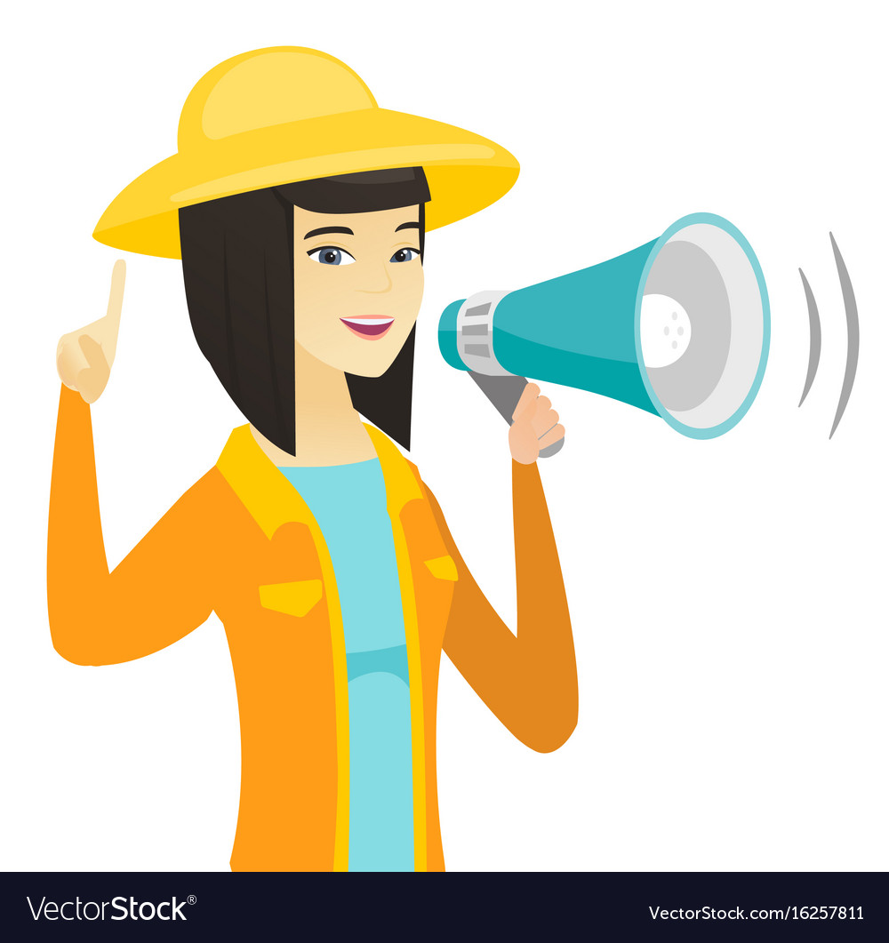 Young asian farmer talking into loudspeaker Vector Image