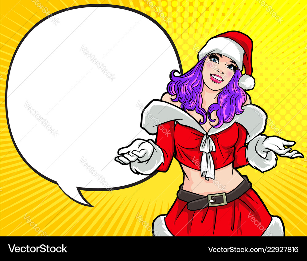 Santa woman smiling gesture presenting something Vector Image