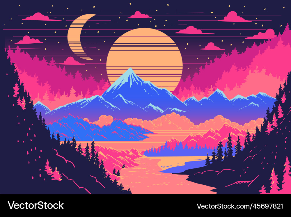 Forest vintage night mountains landscape 90s Vector Image