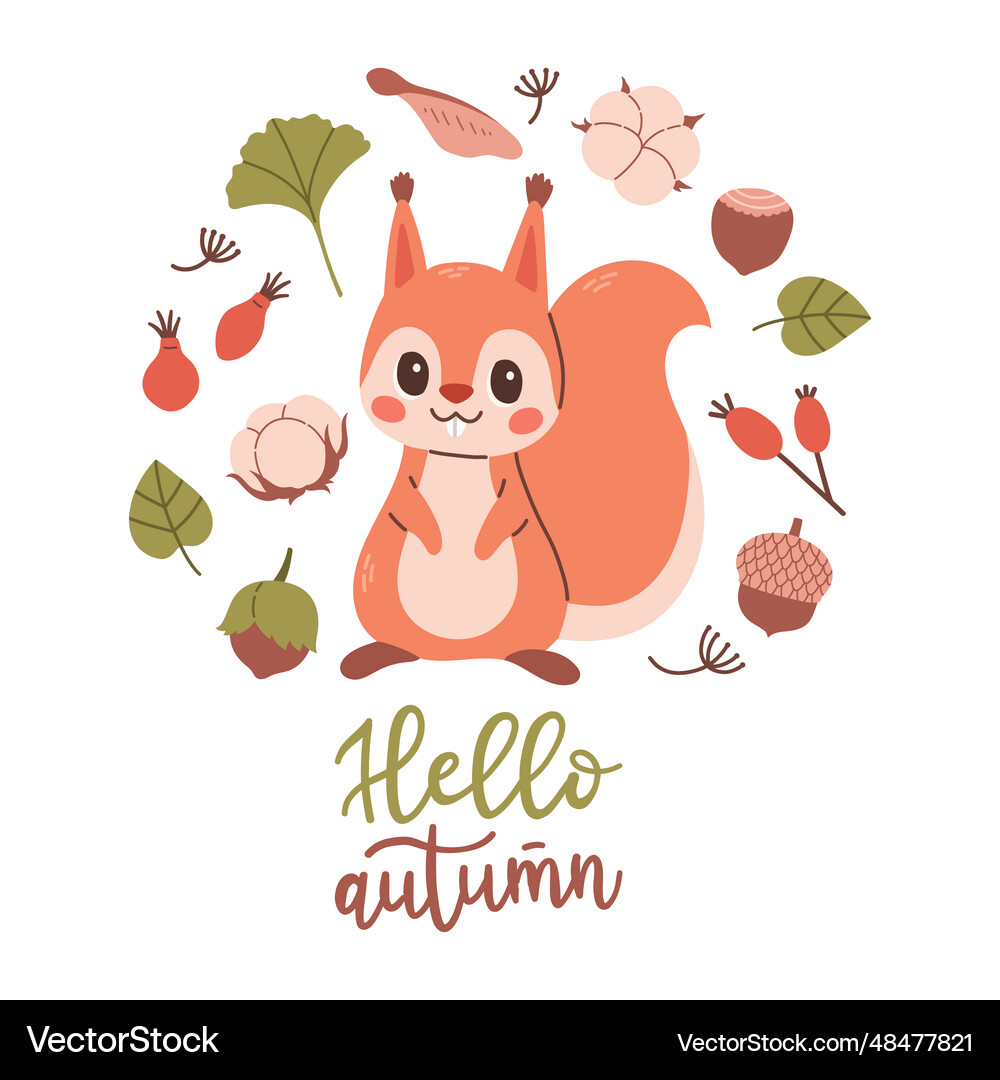 Hello autumn postcard with squirrel woodland card Vector Image
