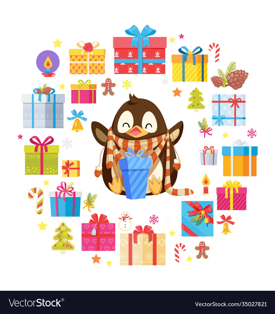 Penguin with wrapped presents and toys Royalty Free Vector