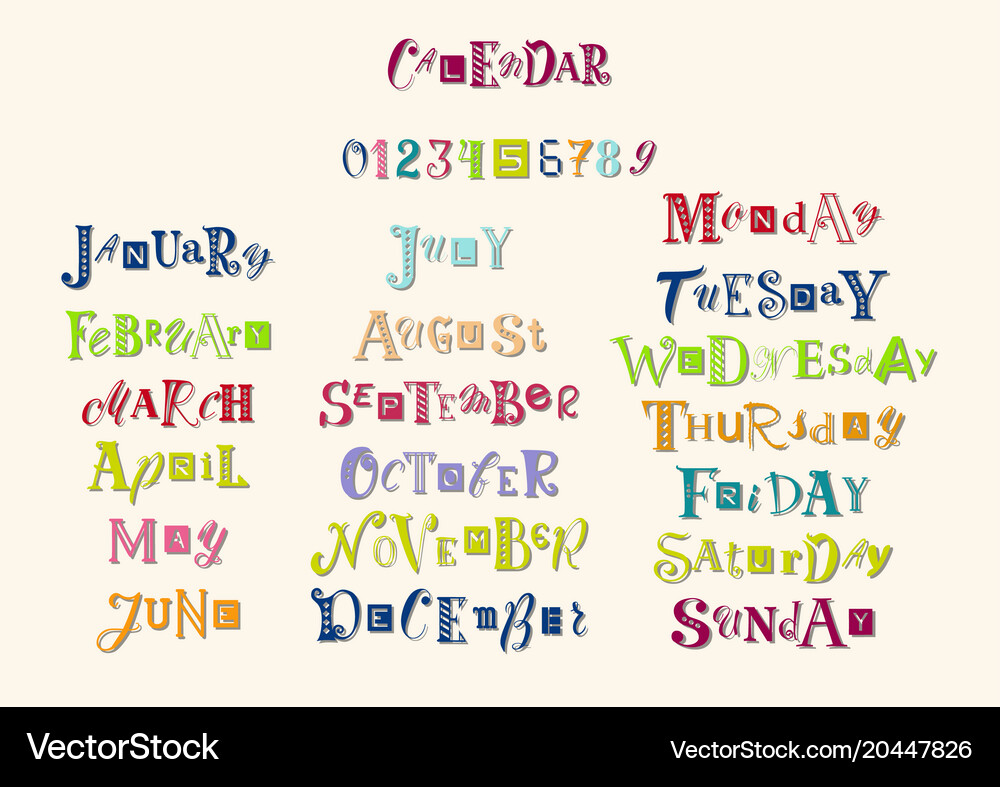 Colorful lettering set for calendar Royalty Free Vector