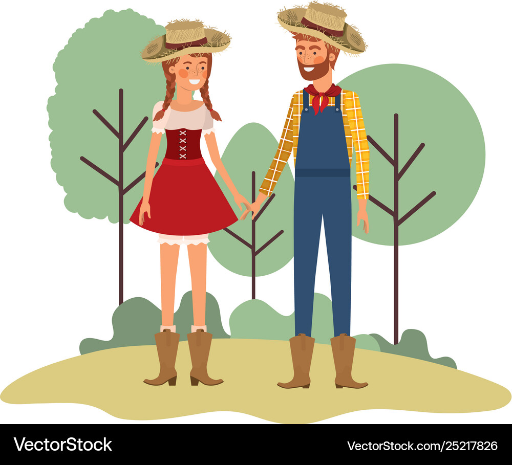 Farmers couple talking with straw hat in landscape