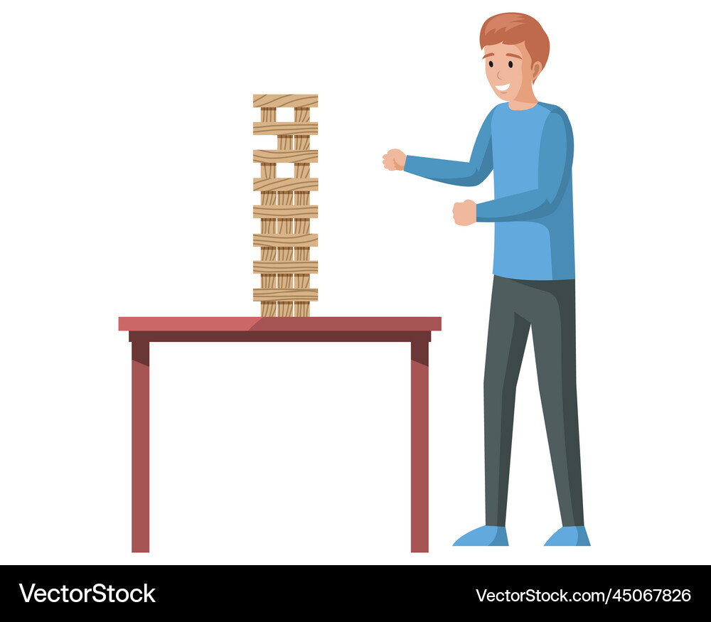 Male character playing jenga alone guy collects Vector Image