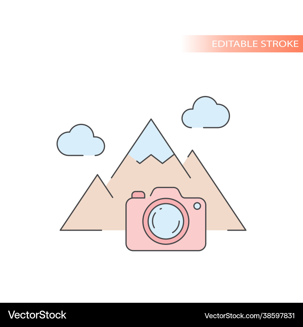 Photo camera and mountain peak line icon Vector Image