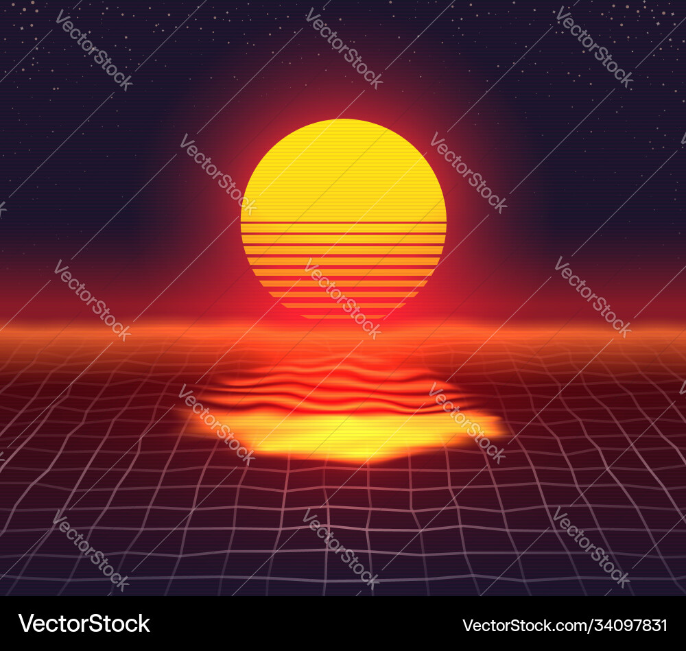 Retro 80s futuristic sunset design grid water Vector Image