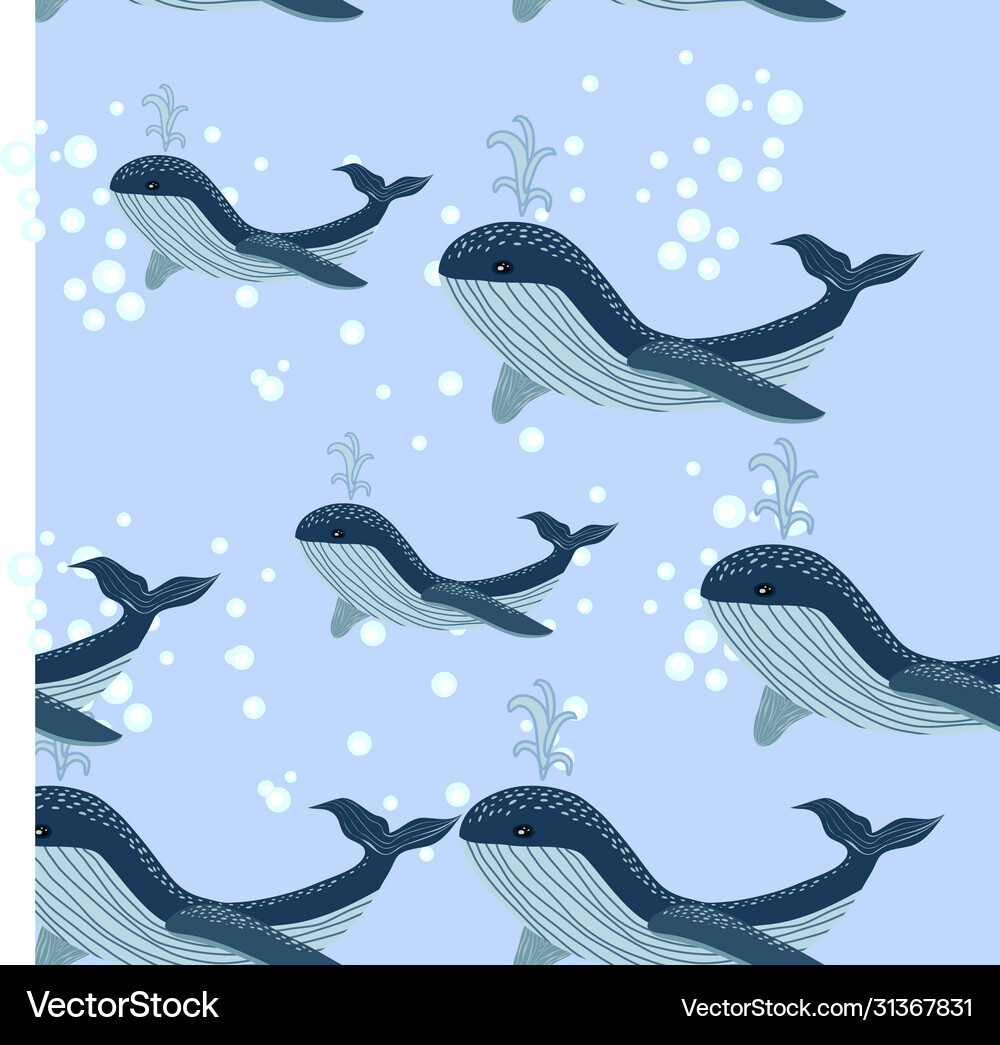 Seamless pattern with cute whales in cartoon style