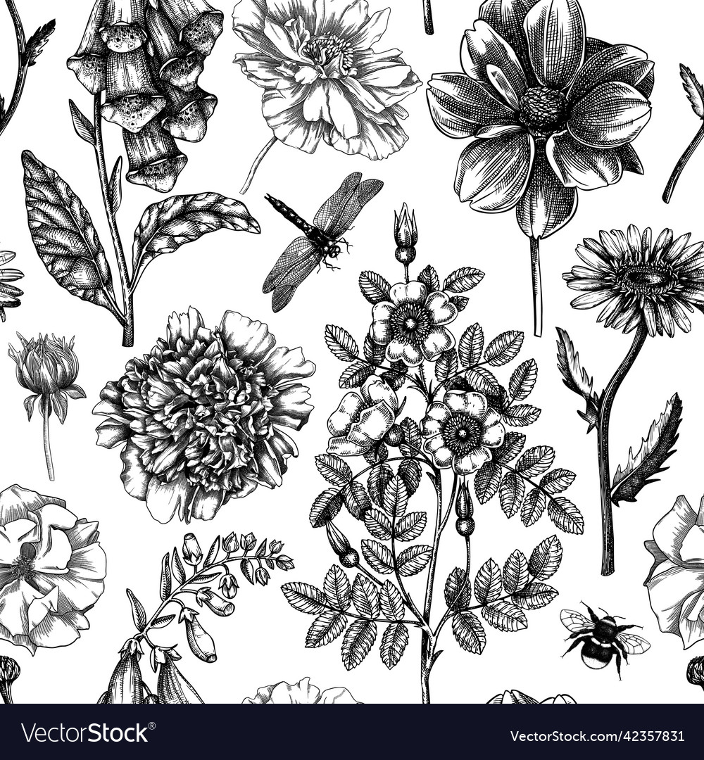 Summer flowers seamless pattern hand-sketched Vector Image Summer flowers seamless pattern hand-sketched Vector Image