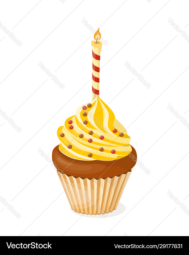 Yellow realistic isolated cupcake with candle Vector Image
