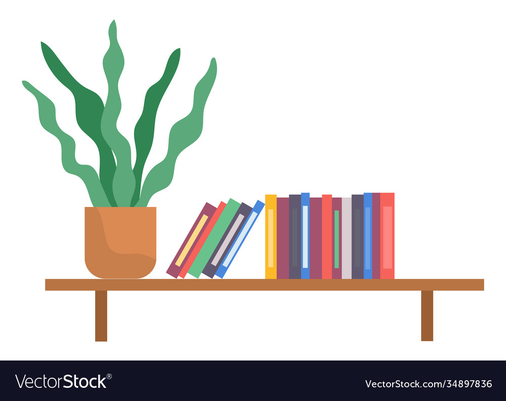Bookshelf with books and potted plant in room Vector Image