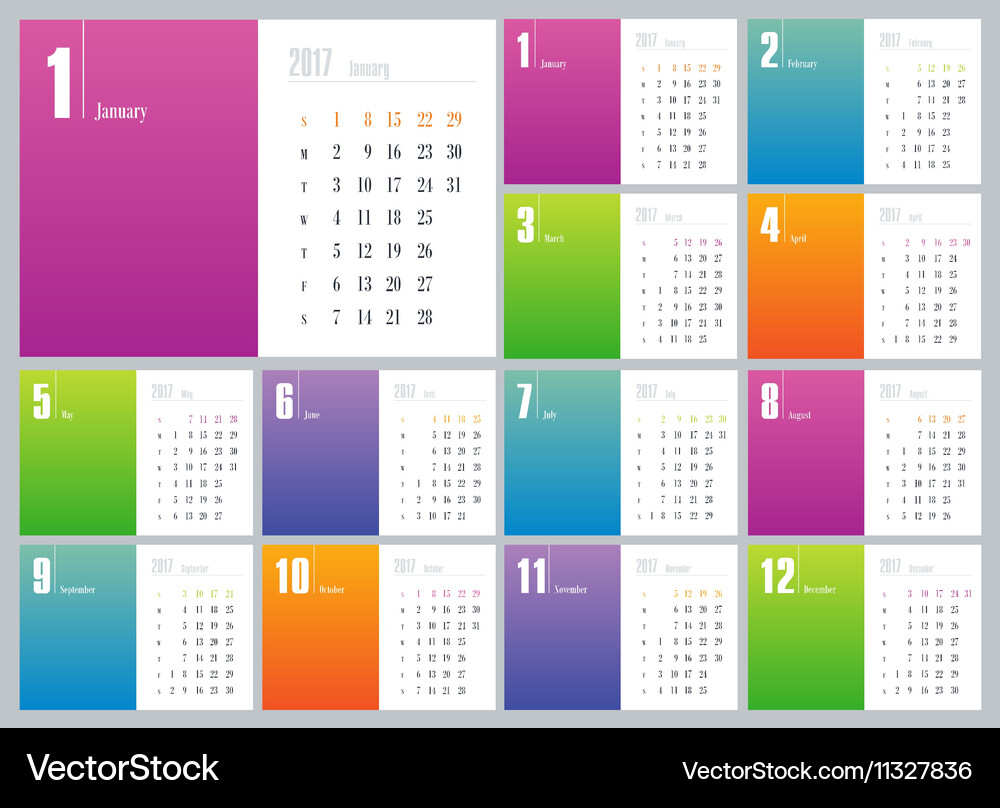 Calendar 2017 year week starts sunday Royalty Free Vector