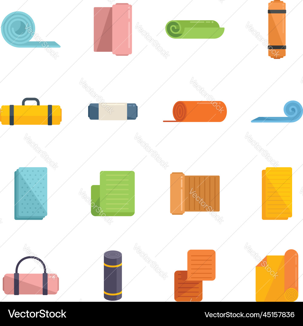 Yoga mat icons set flat carpet roll Royalty Free Vector