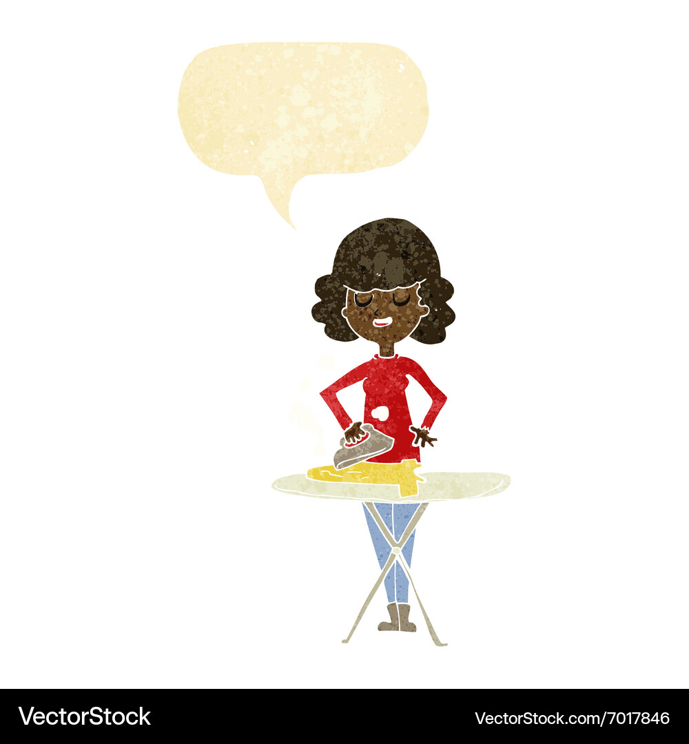 Cartoon woman ironing with speech bubble Vector Image