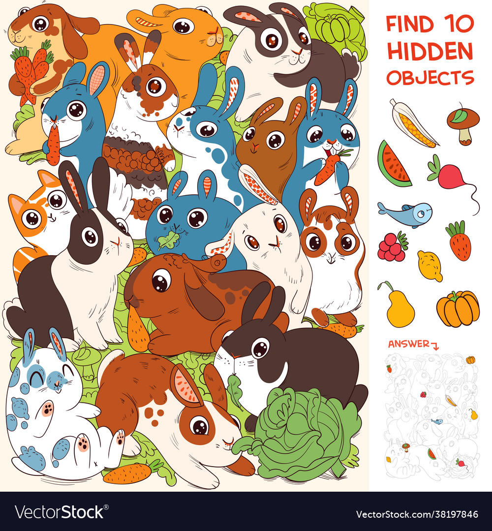 Group rabbits find cat 10 hidden objects Vector Image