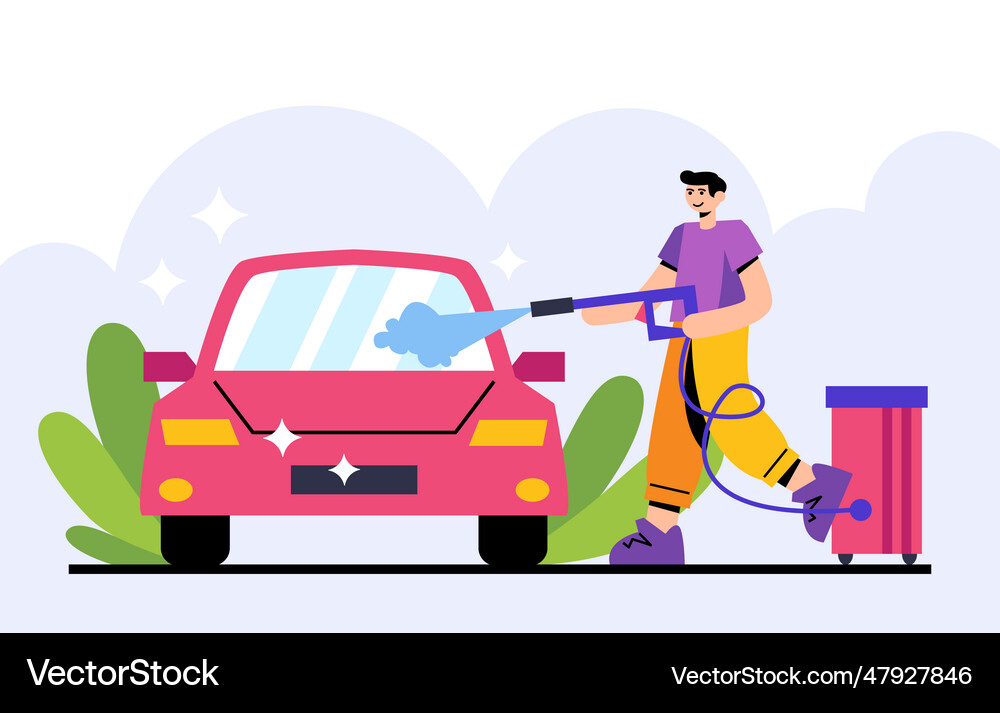 Man cleaning car with detergent outside clean Vector Image