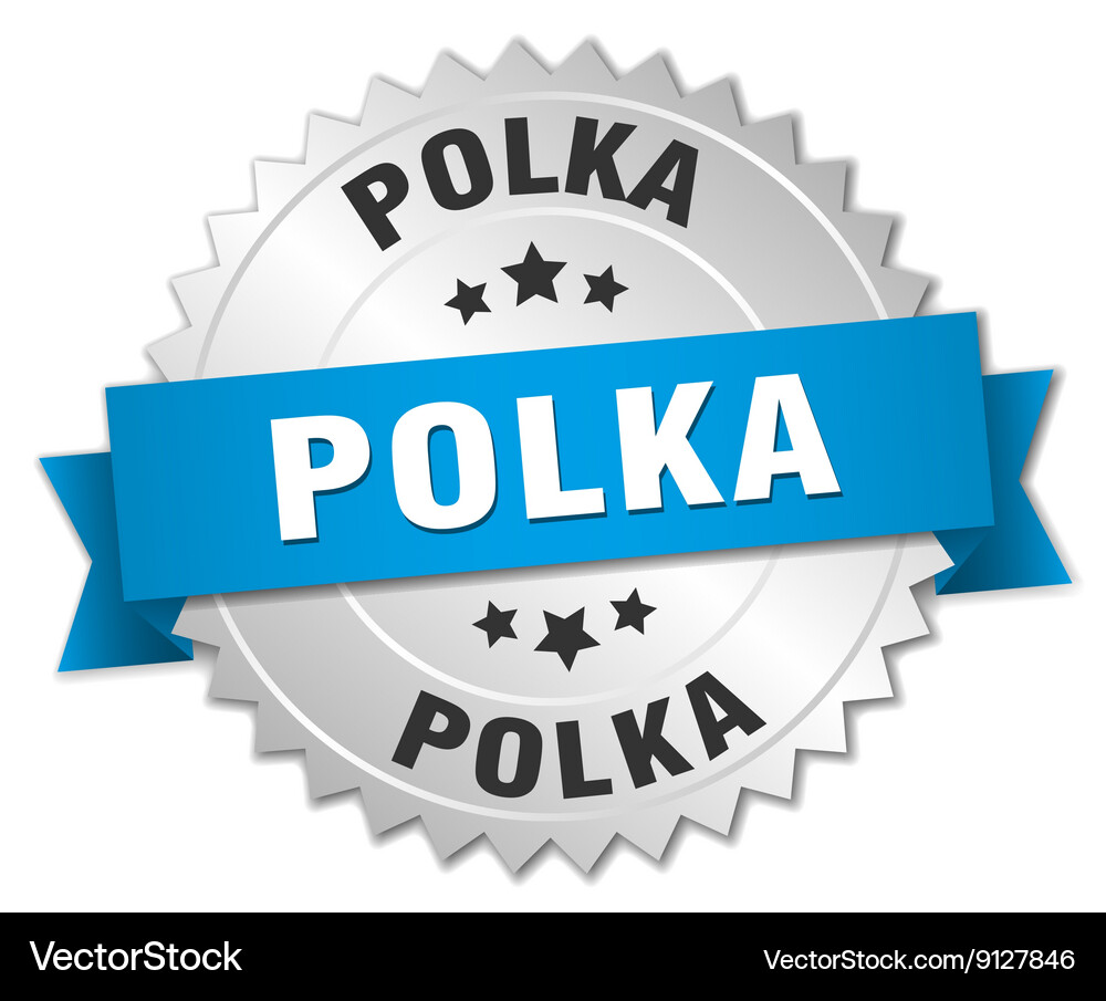 Polka 3d silver badge with blue ribbon Royalty Free Vector