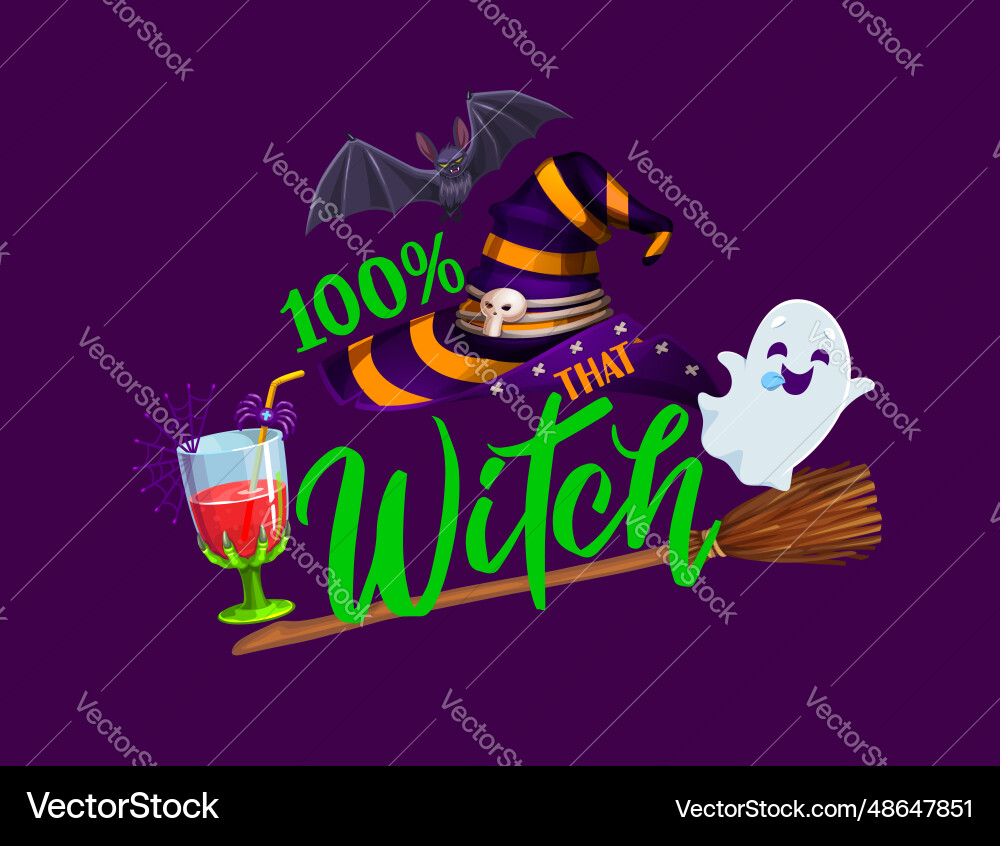 Halloween banner witch hat cocktail and ghost Vector Image