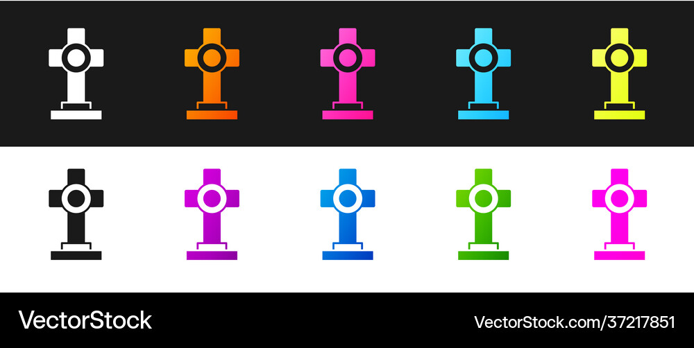 Set grave with cross icon isolated on black Vector Image