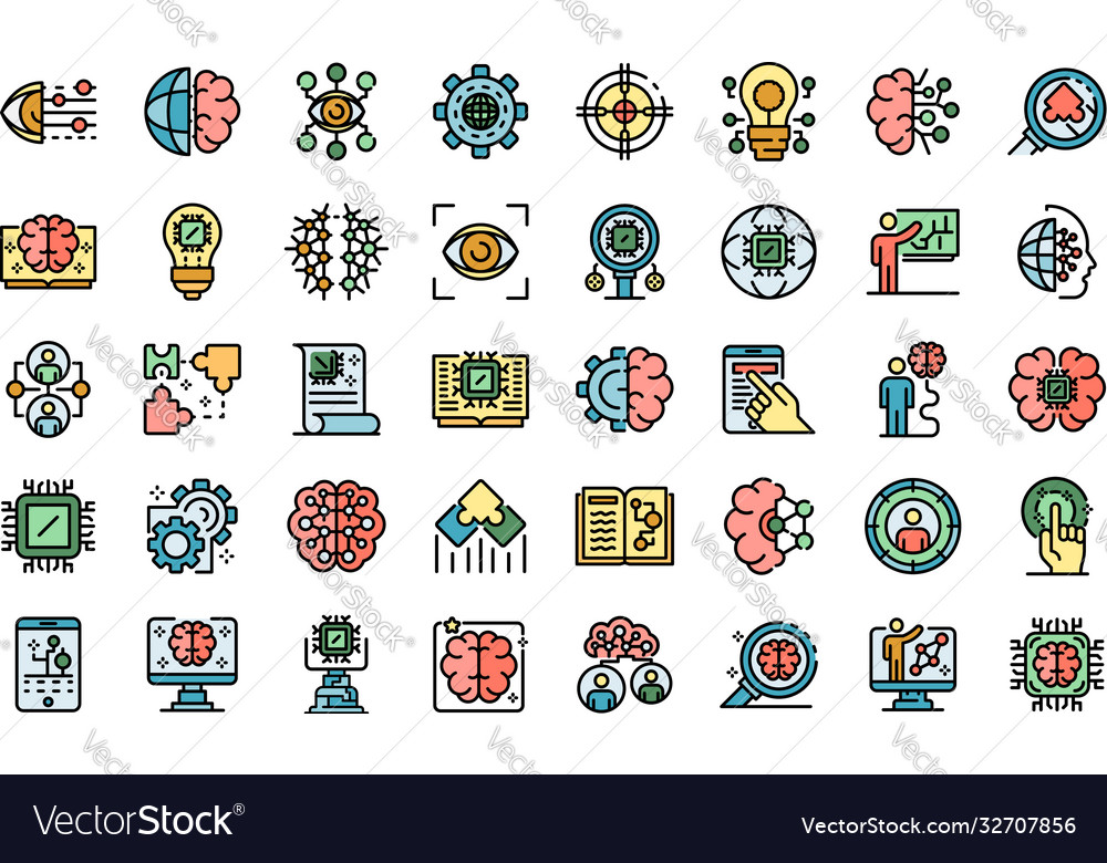 Machine learning icons set flat Royalty Free Vector Image
