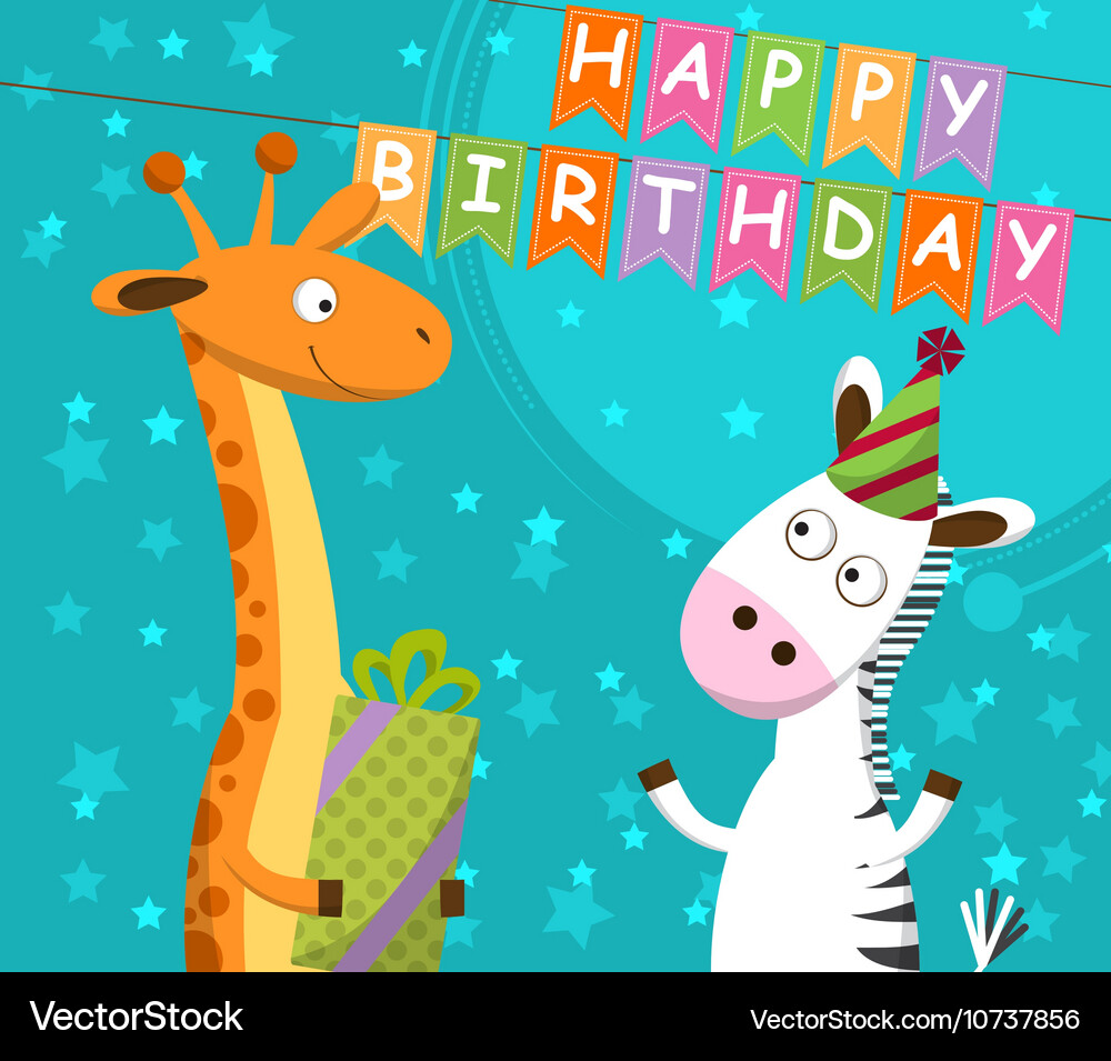 Postcard with giraffe and zebra which celebrate Vector Image