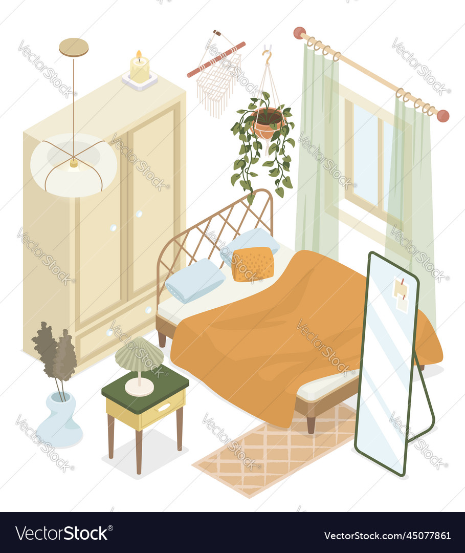 Beige bedroom - modern colorful isometric Vector Image Beige bedroom - modern colorful isometric Vector Image