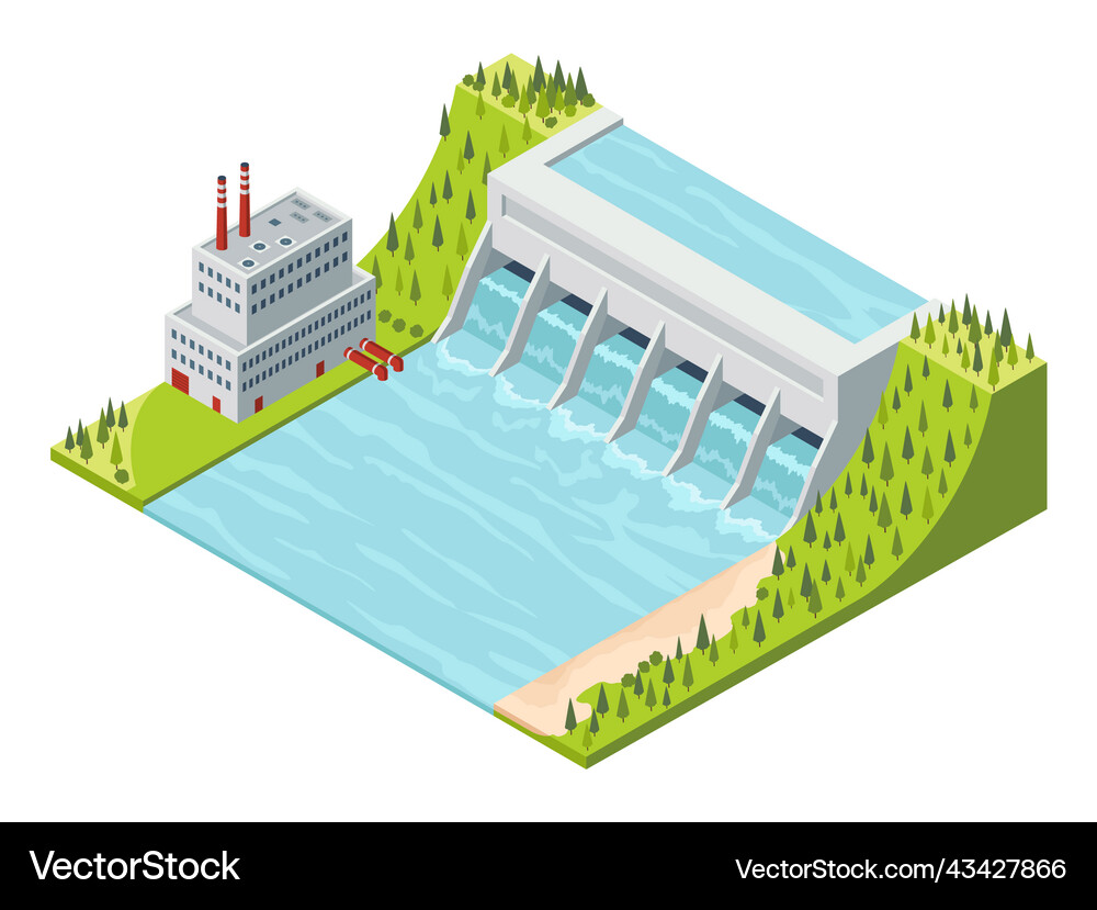 Hydro power isometric hydroelectric plant Vector Image