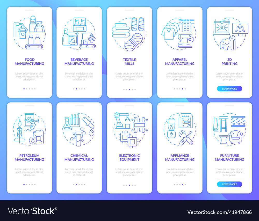 Manufacturing business blue gradient onboarding Vector Image