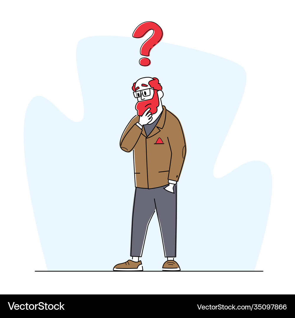 Thoughtful business man stand with question mark Vector Image