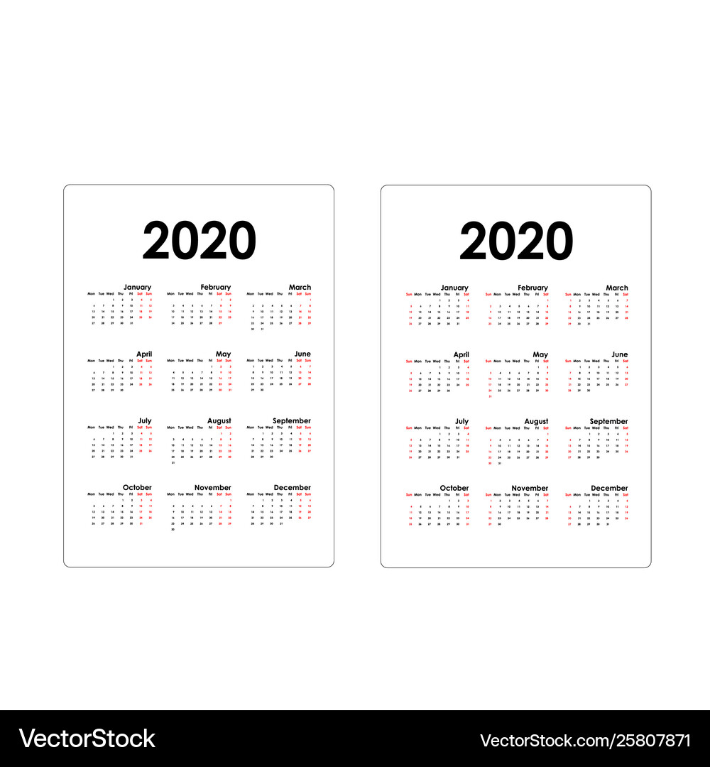 2020 calendar templatecalendar 2020 set 12 Vector Image