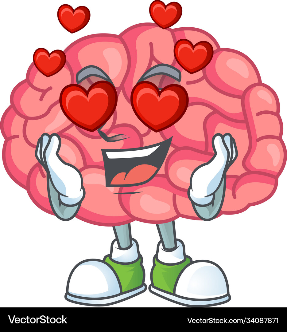 Charming brain cartoon with a falling in love face